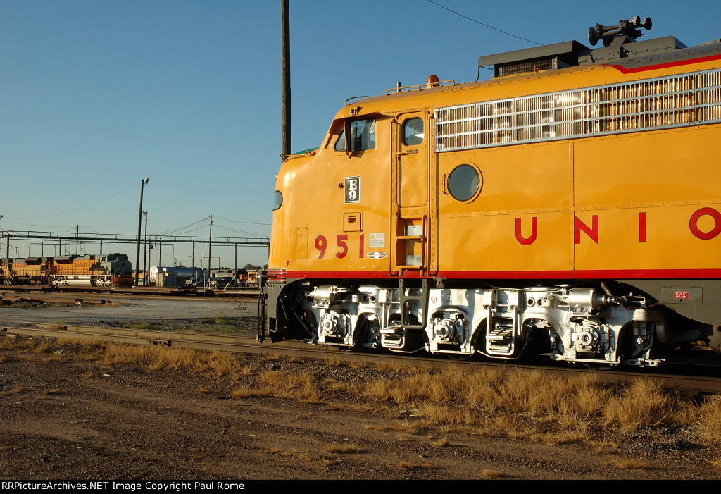 UP 951, EMD E9A, with DRGW Heritage unit in the background